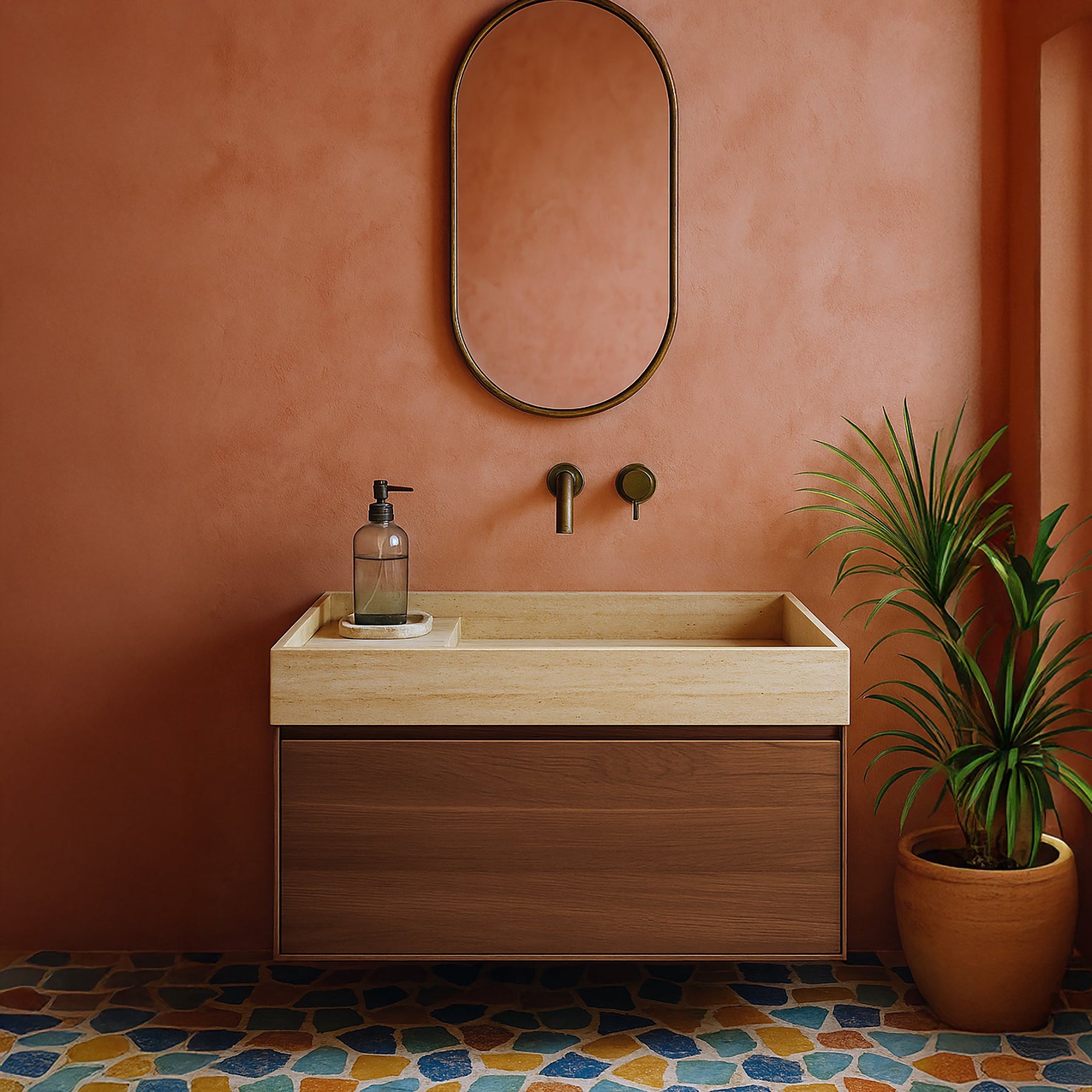 Houtmerk - Badmeubel Legio natuursteen wastafel - Houten lades en ...