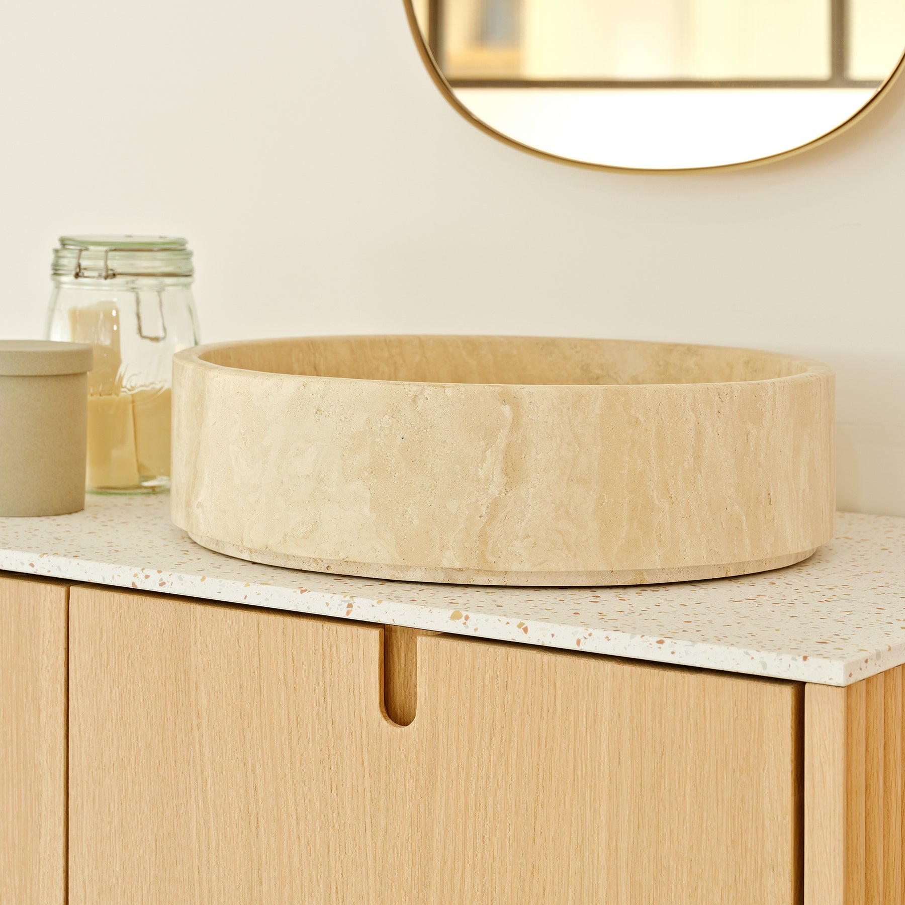 Natuursteen Waskom Perla Travertin – Rond | Houtmerk