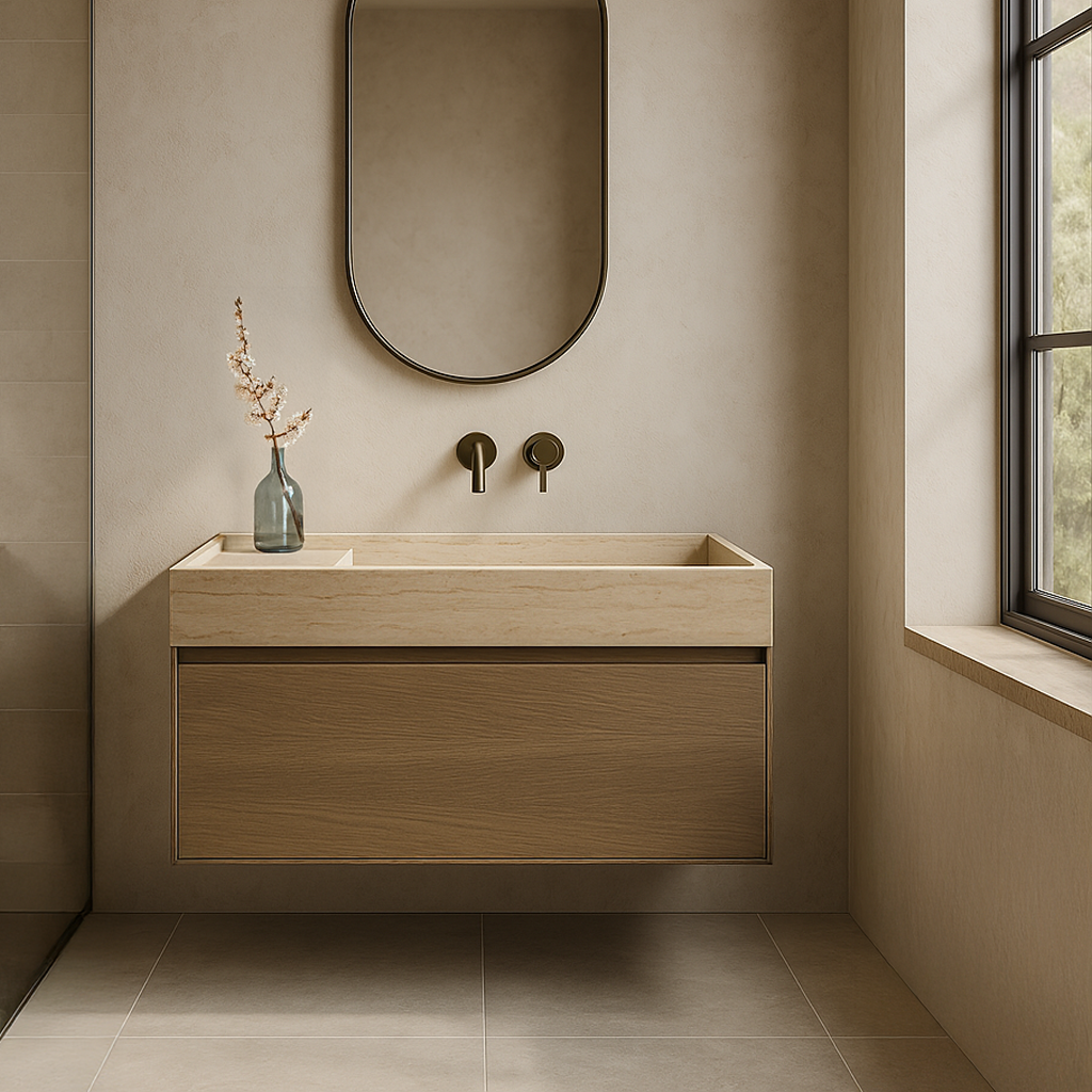 Houtmerk - Badmeubel Legio natuursteen wastafel - Houten lades en ...