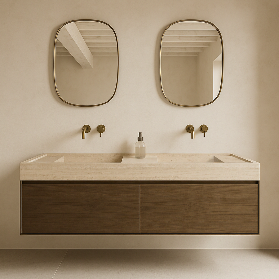 Houtmerk - Badmeubel Legio natuursteen wastafel - Houten lades en ...