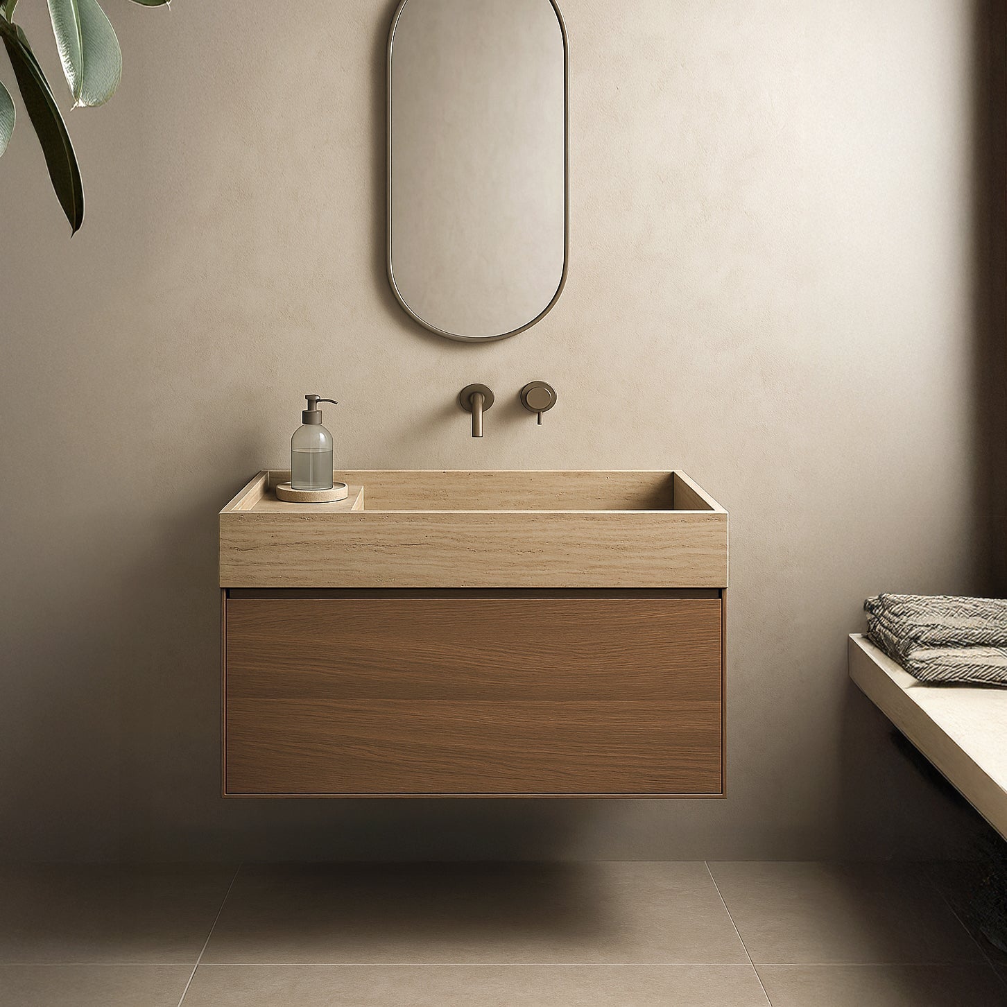 Houtmerk - Badmeubel Legio natuursteen wastafel - Houten lades en ...